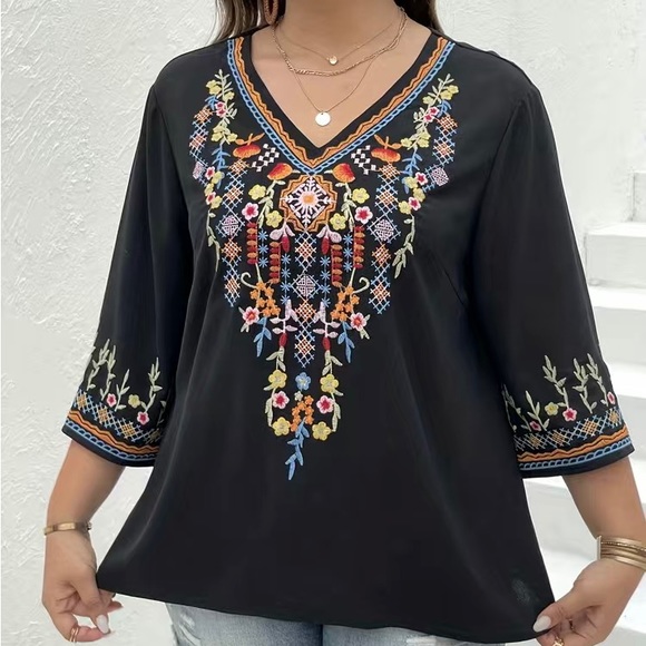 Tops | New Plus Size Embroidered Boho Top Black With Colorful Accents ...